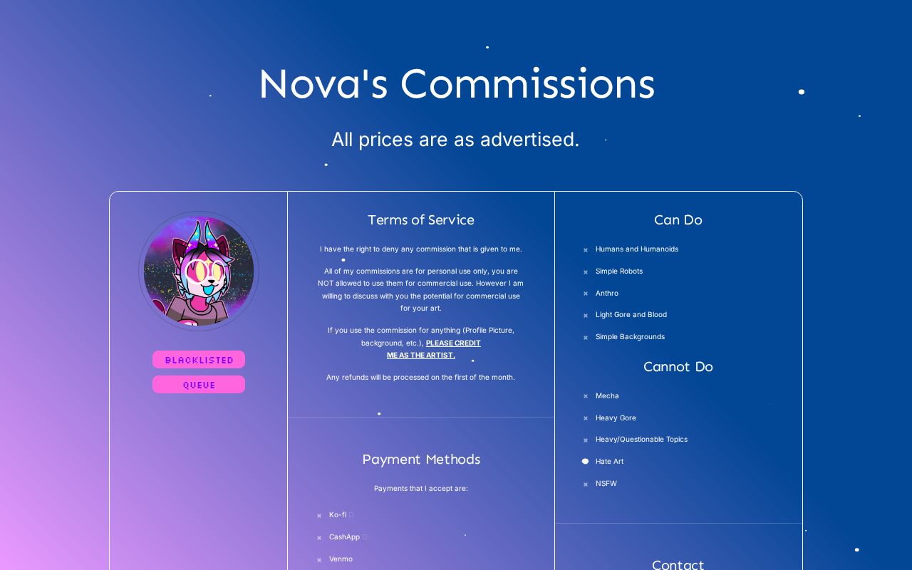 Nova's Commissions Page